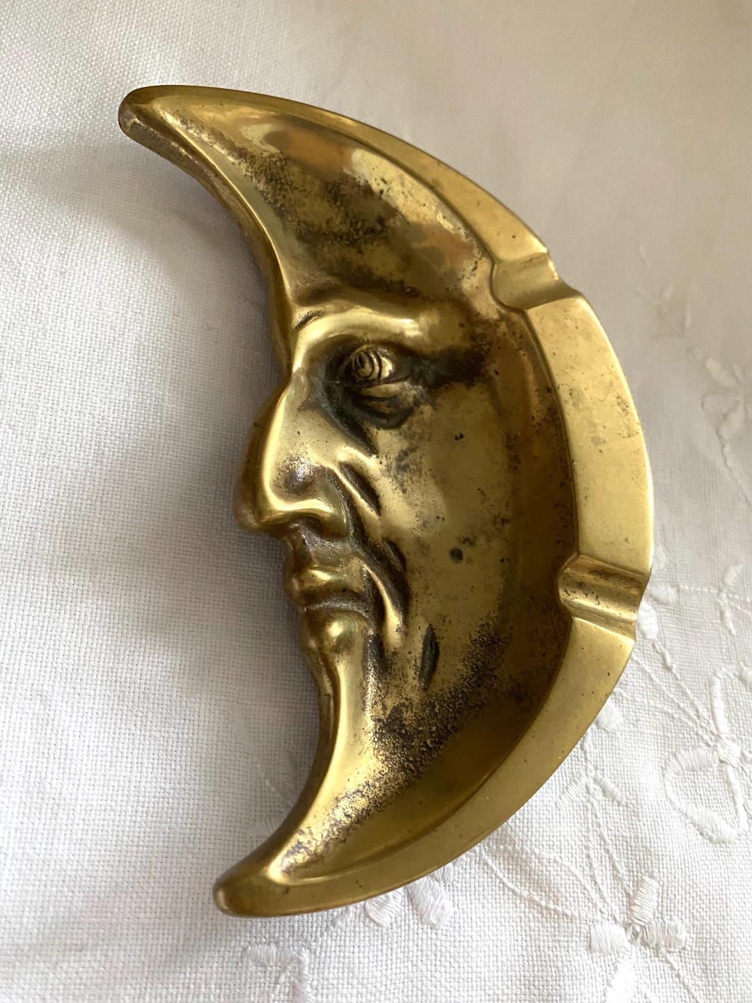 Antique Vintage Solid BRASS Man in the Moon Ashtray or Trinket Dish ...