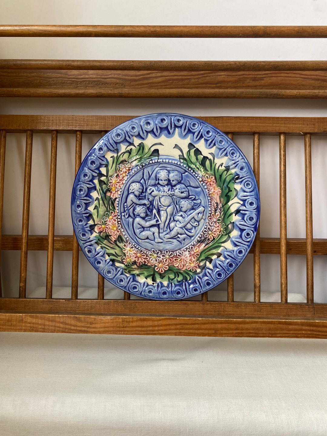 Vintage FRENCH Barbotine Majolica Putti Plate Cherub Musicians Hand ...