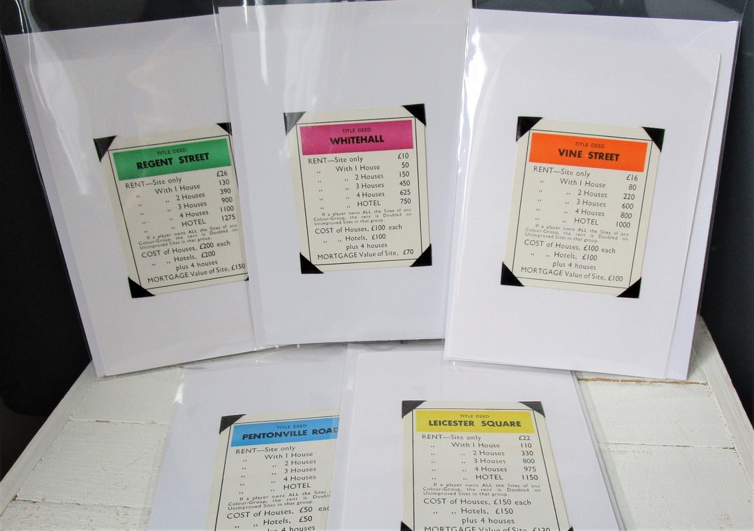 Vintage MONOPOLY Cards Set of FIVE Blank Inside Greetings Card Thank ...
