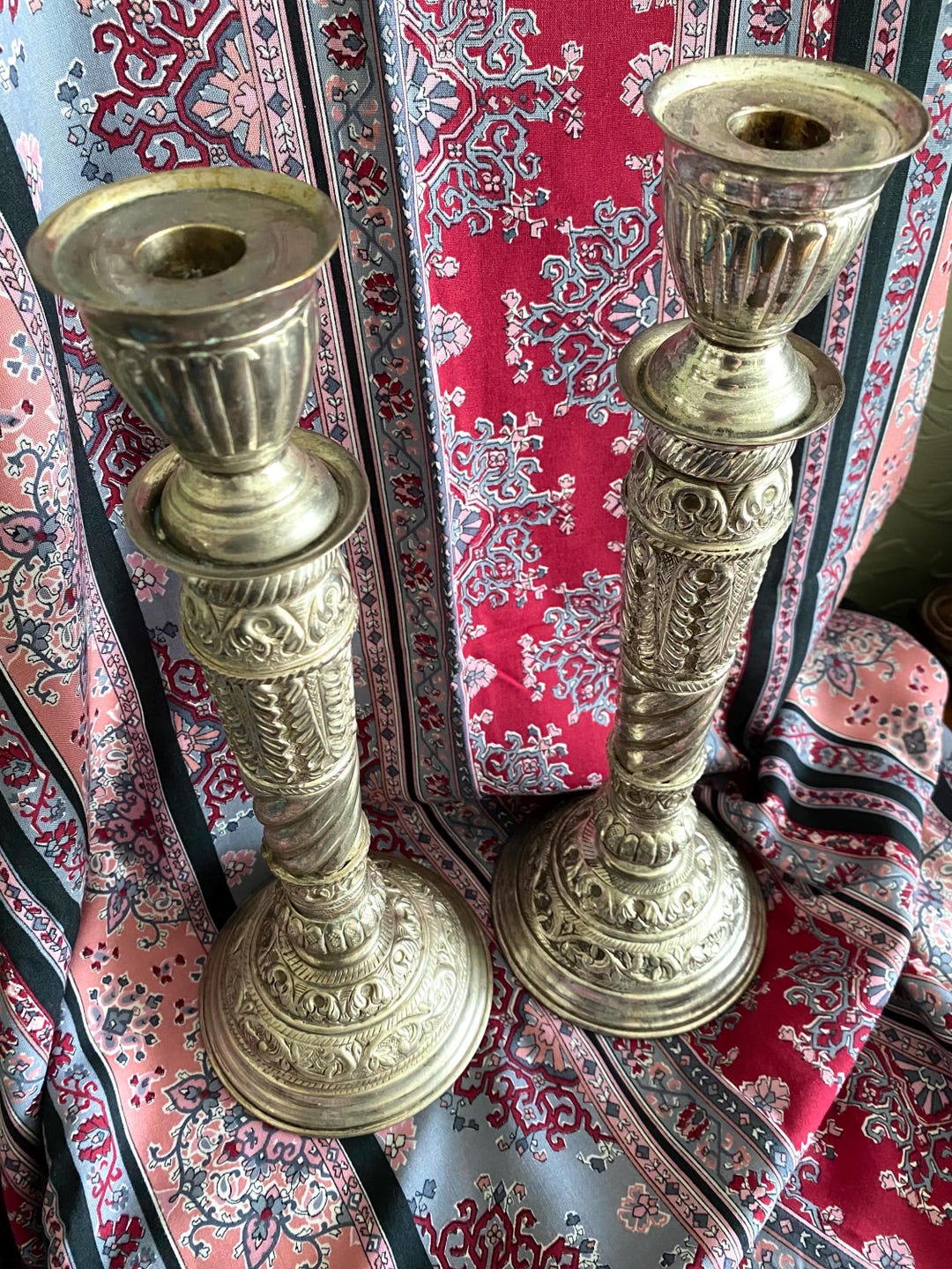 Pair Tall Vintage INDIAN Embossed Metal CANDLESTICKS Candle Holders ...