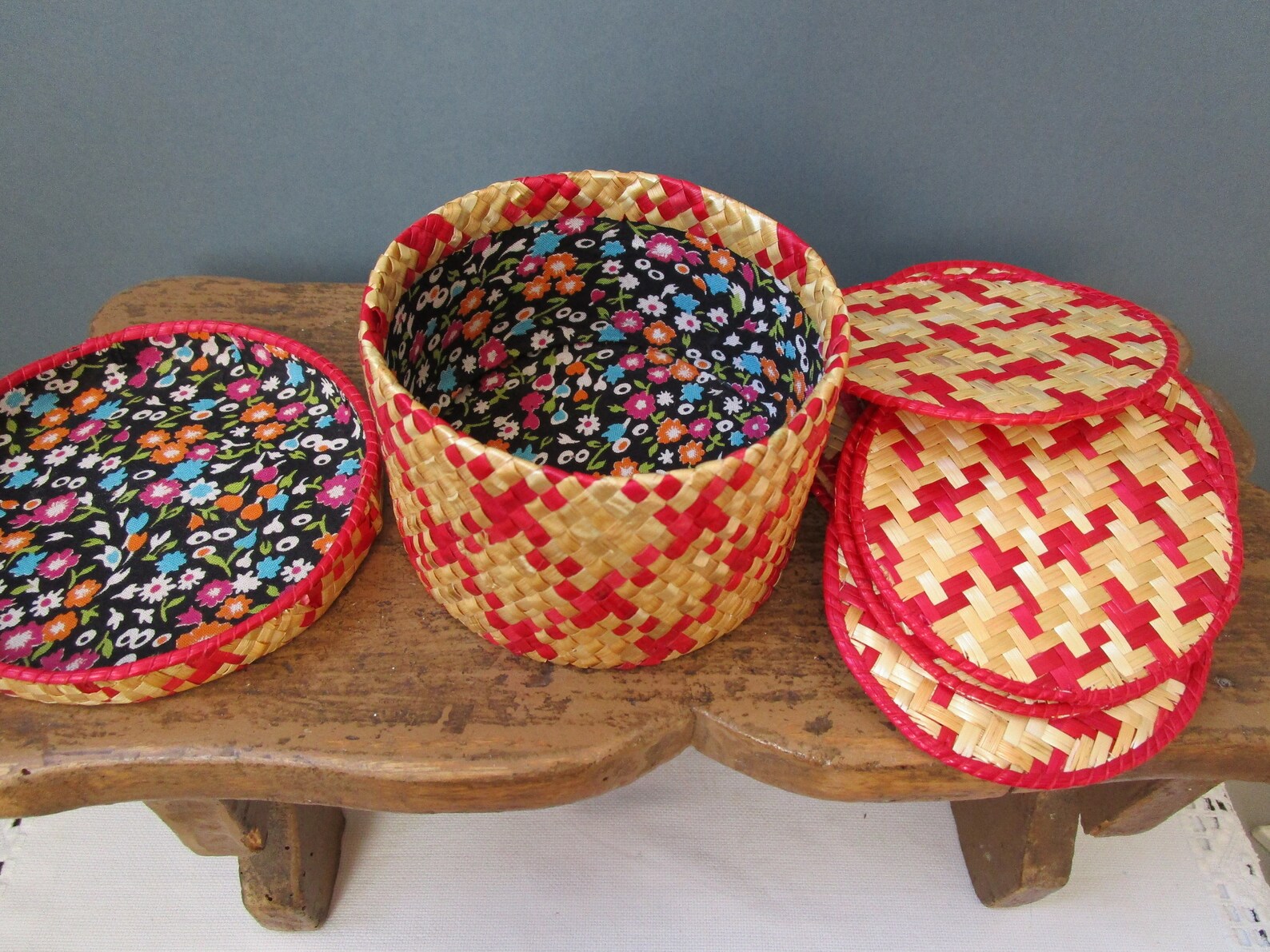 Woven STRAW Basket with 12 Double Sided Coasters FLORAL Fabric | Etsy