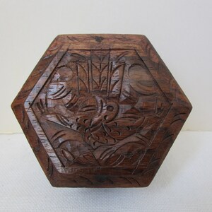 Hexagonal Carved Wooden Box Asian Carved Box BIRD Motif Dark Wood Waxed ...