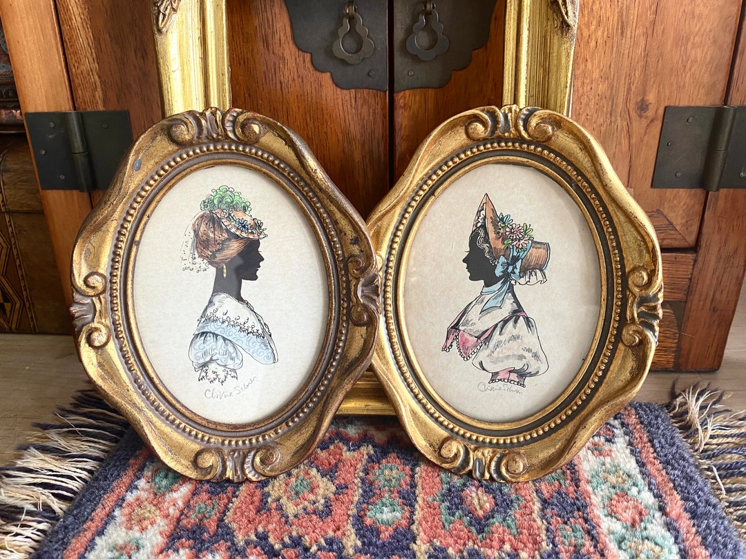 ORIGINAL 70s Christine Silver Hand Painted Silhouettes in Oval GILDED ...