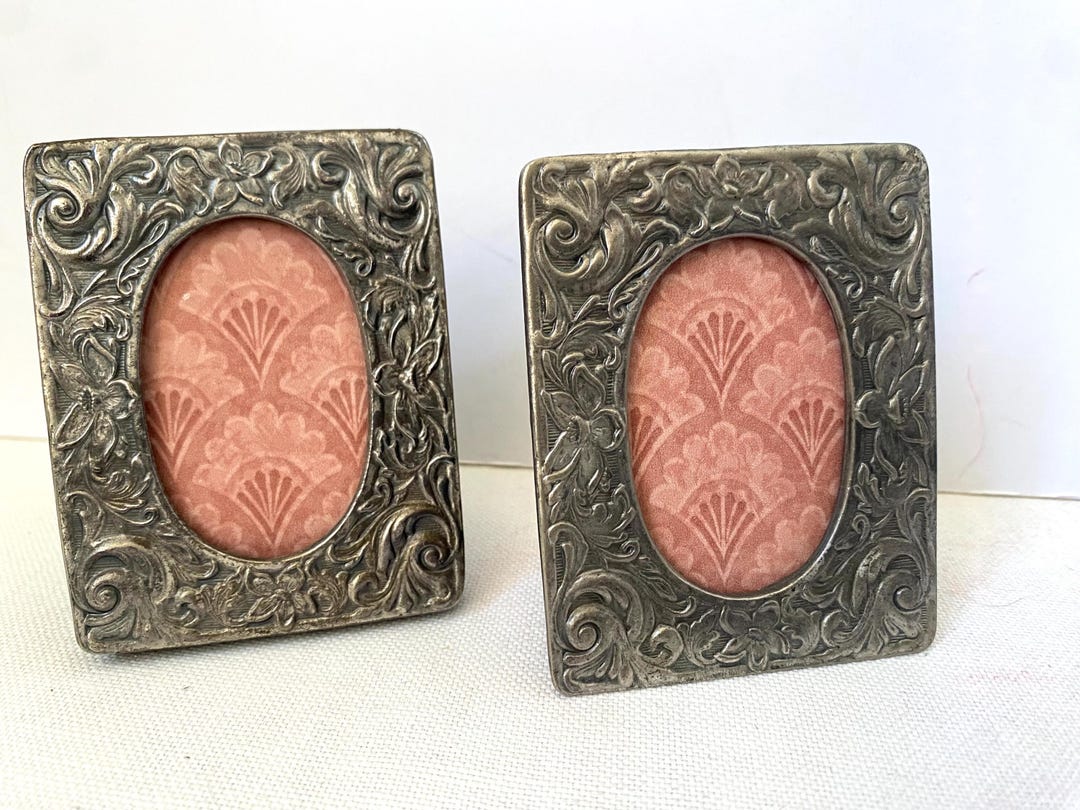 PAIR Small Floral Vintage PHOTO Frames Arts & Crafts Style Cast Metal ...