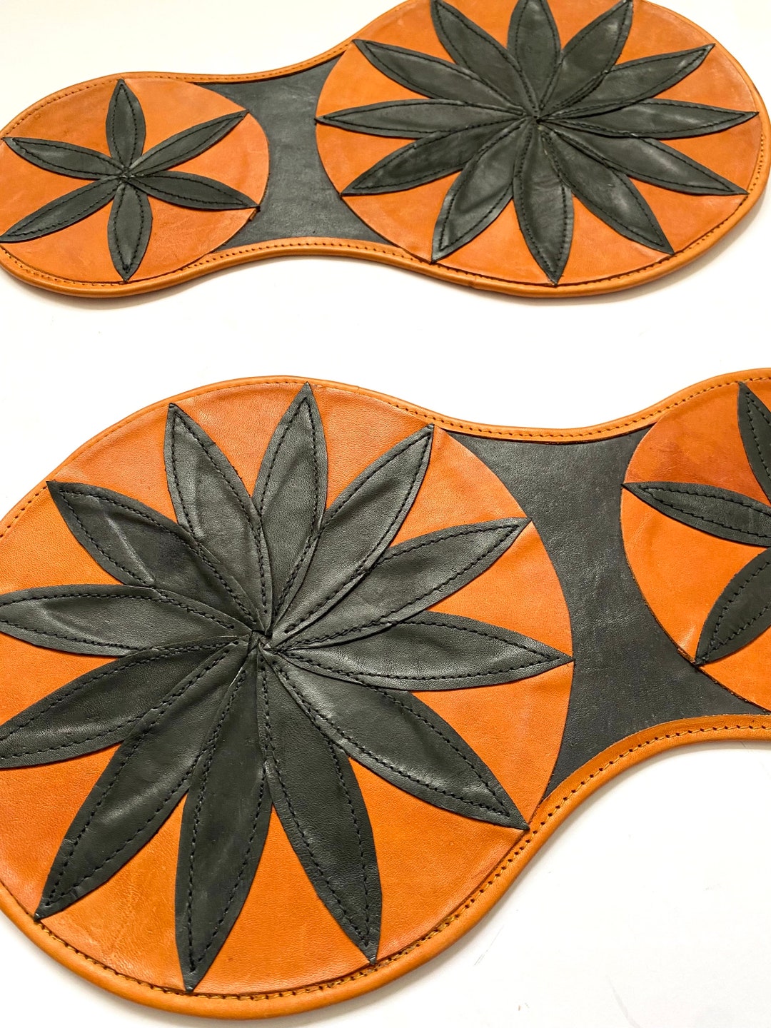Pair Vintage AFRICAN LEATHER PLACEMATS Two Tone Leather Mats Tablemats ...