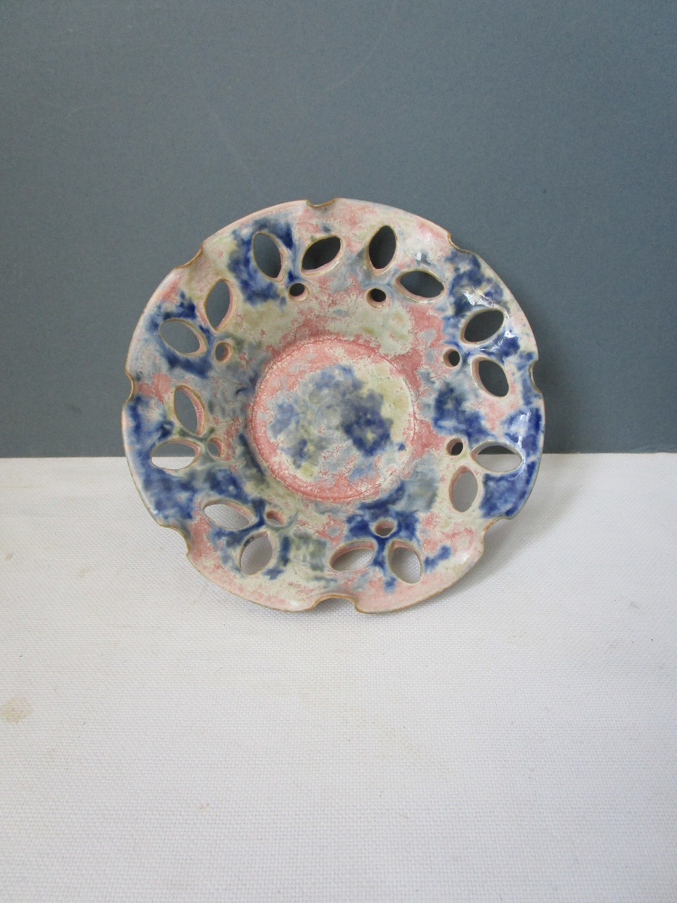 Pierced Pottery Dish HANDMADE POTTERY in Grey Pink & Blue Glaze Wavy ...