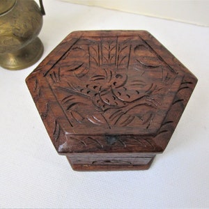 Hexagonal Carved Wooden Box Asian Carved Box BIRD Motif Dark Wood Waxed ...