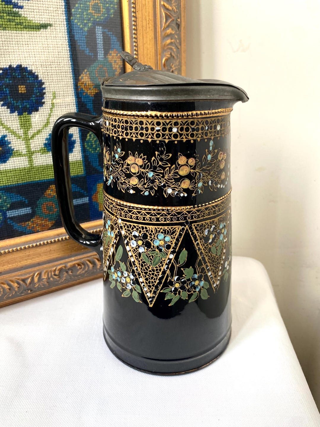 Antique VICTORIAN Pewter Lidded Hot Water Jug 'jackfield' Style Black ...