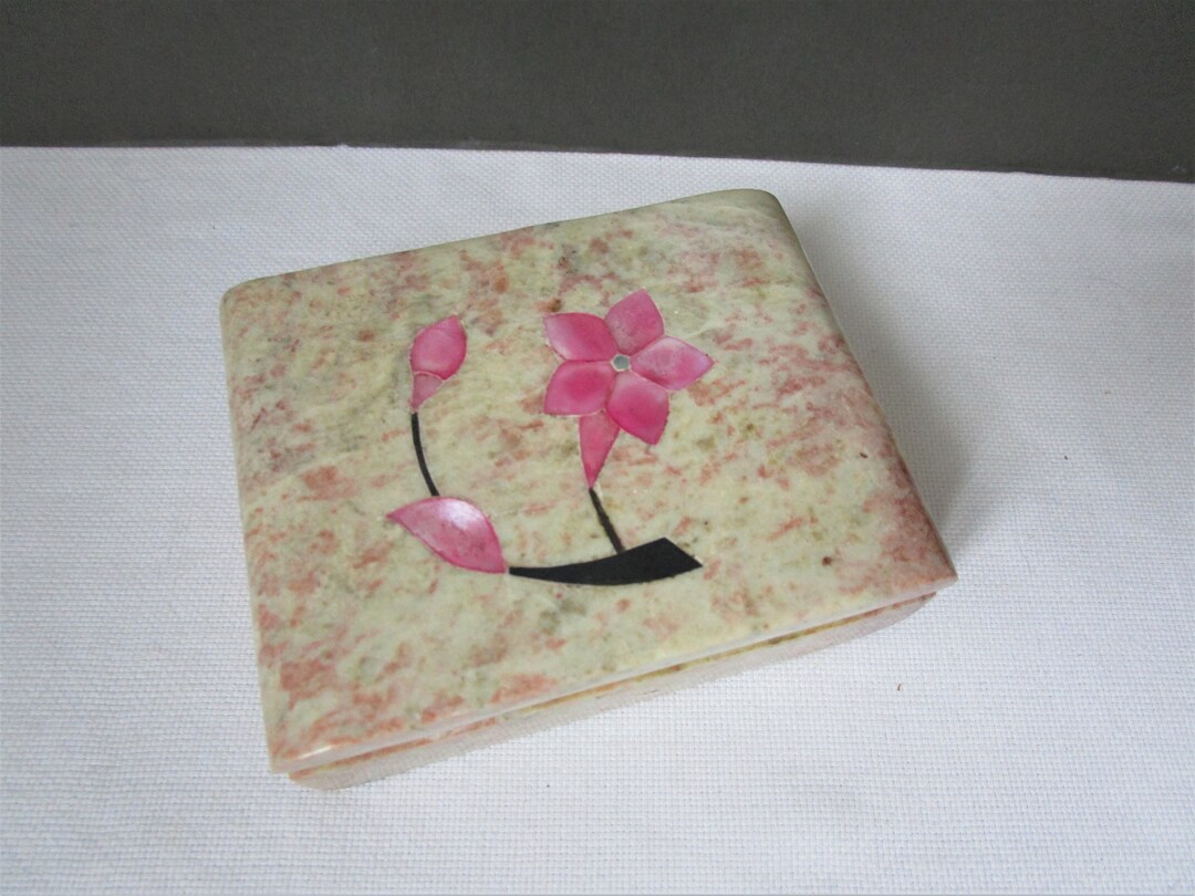 Rectangular INLAID Soapstone Box Shell & Semi Precious Stone Inlay ...