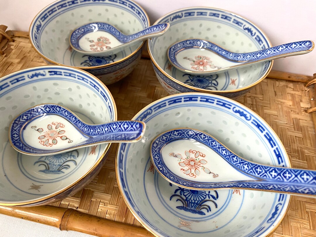 JINGDEZHEN Hand Decorated Asian Rice or Soup Bowls & Spoon Set X 4 ...