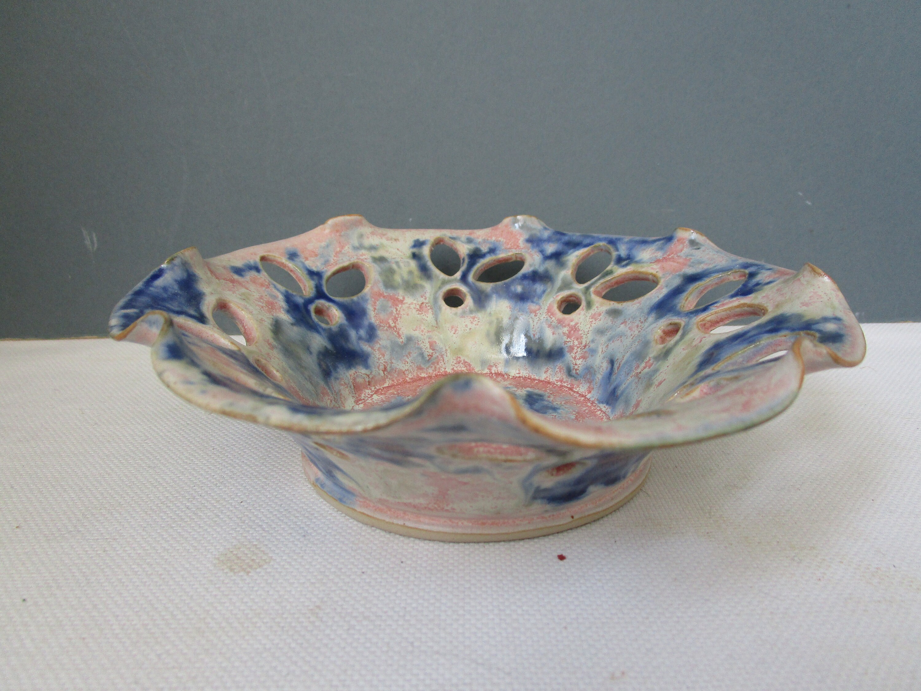 Pierced Pottery Dish HANDMADE POTTERY in Grey Pink & Blue Glaze Wavy ...