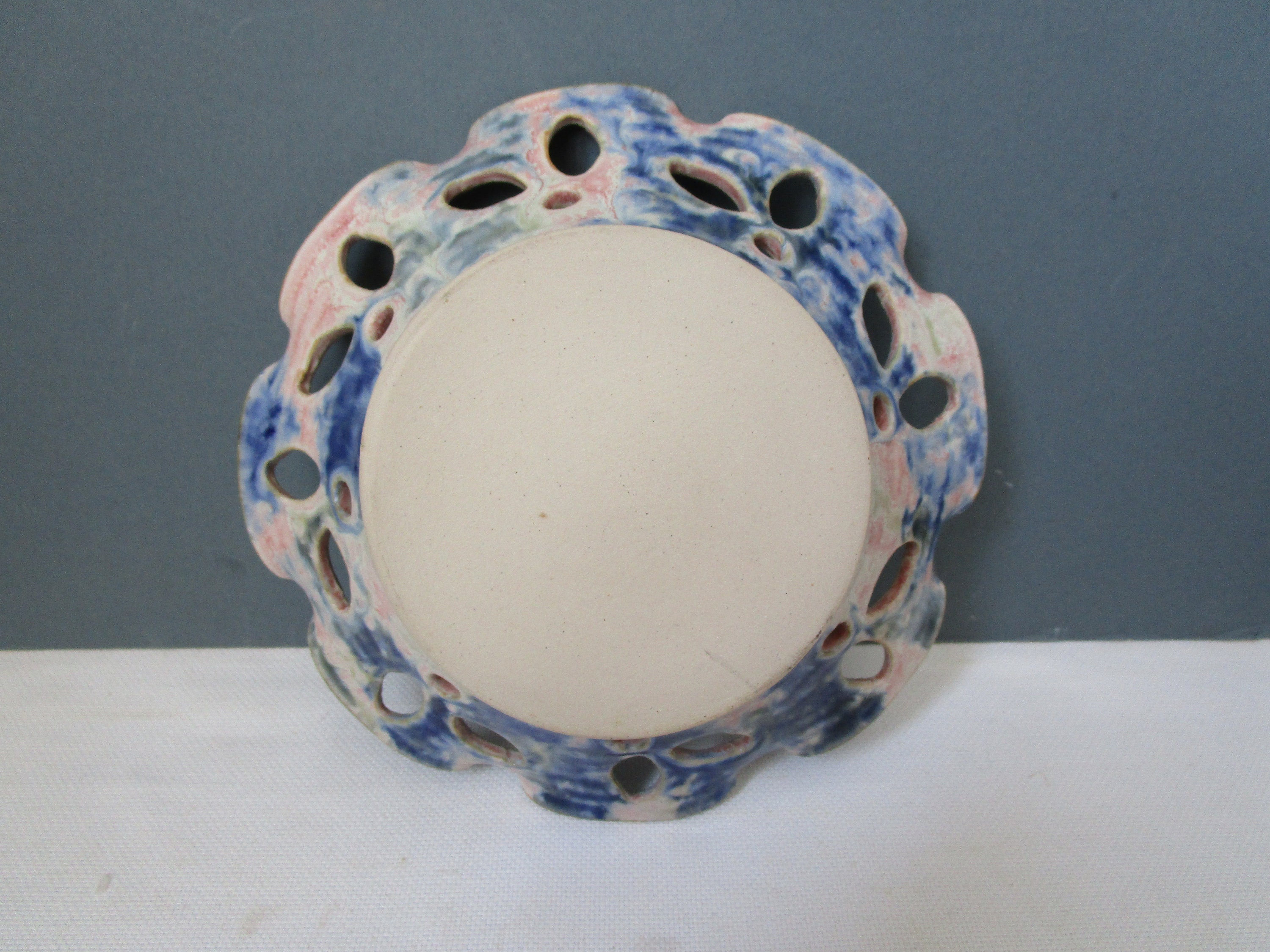 Pierced Pottery Dish HANDMADE POTTERY in Grey Pink & Blue Glaze Wavy ...