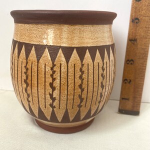 Attractive MID CENTURY Pottery Pot With Detailed Incised Design Brown ...