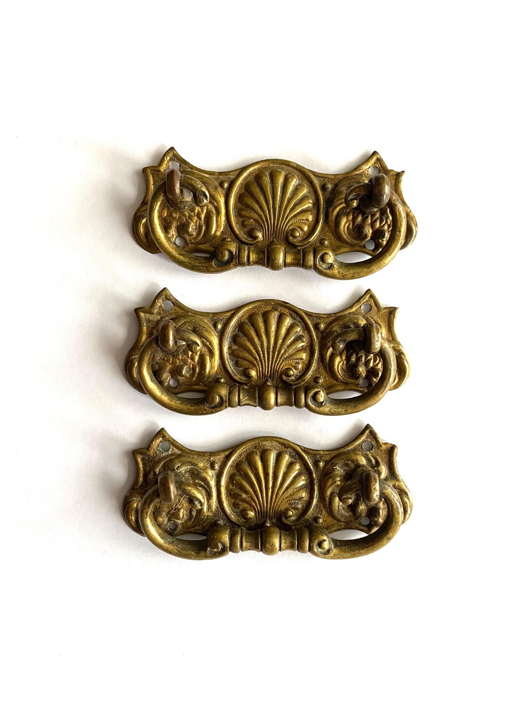 Antique ART NOUVEAU Brass Drawer Pulls Set of 3 Salvaged Hardware ...