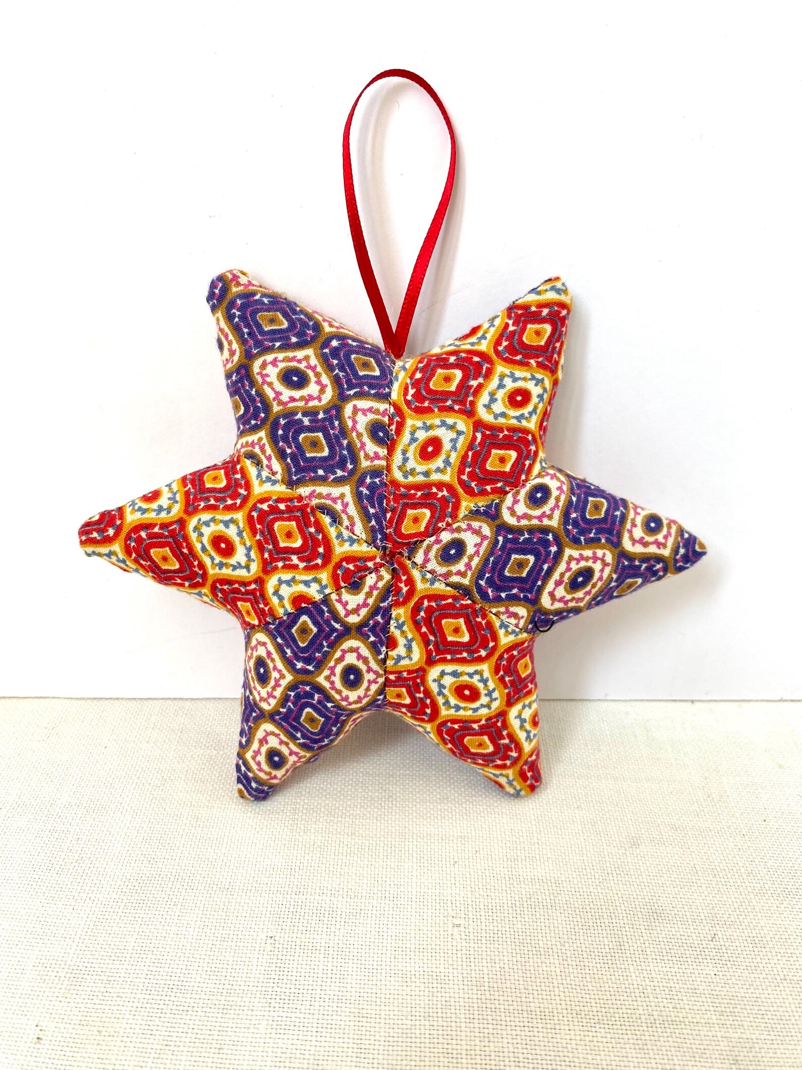 Hand Stitched PATCHWORK STAR Red & Blue 100% Cotton Fabric Star Country ...