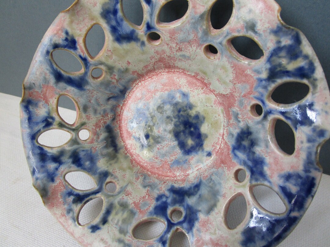 Pierced Pottery Dish HANDMADE POTTERY in Grey Pink & Blue Glaze Wavy ...
