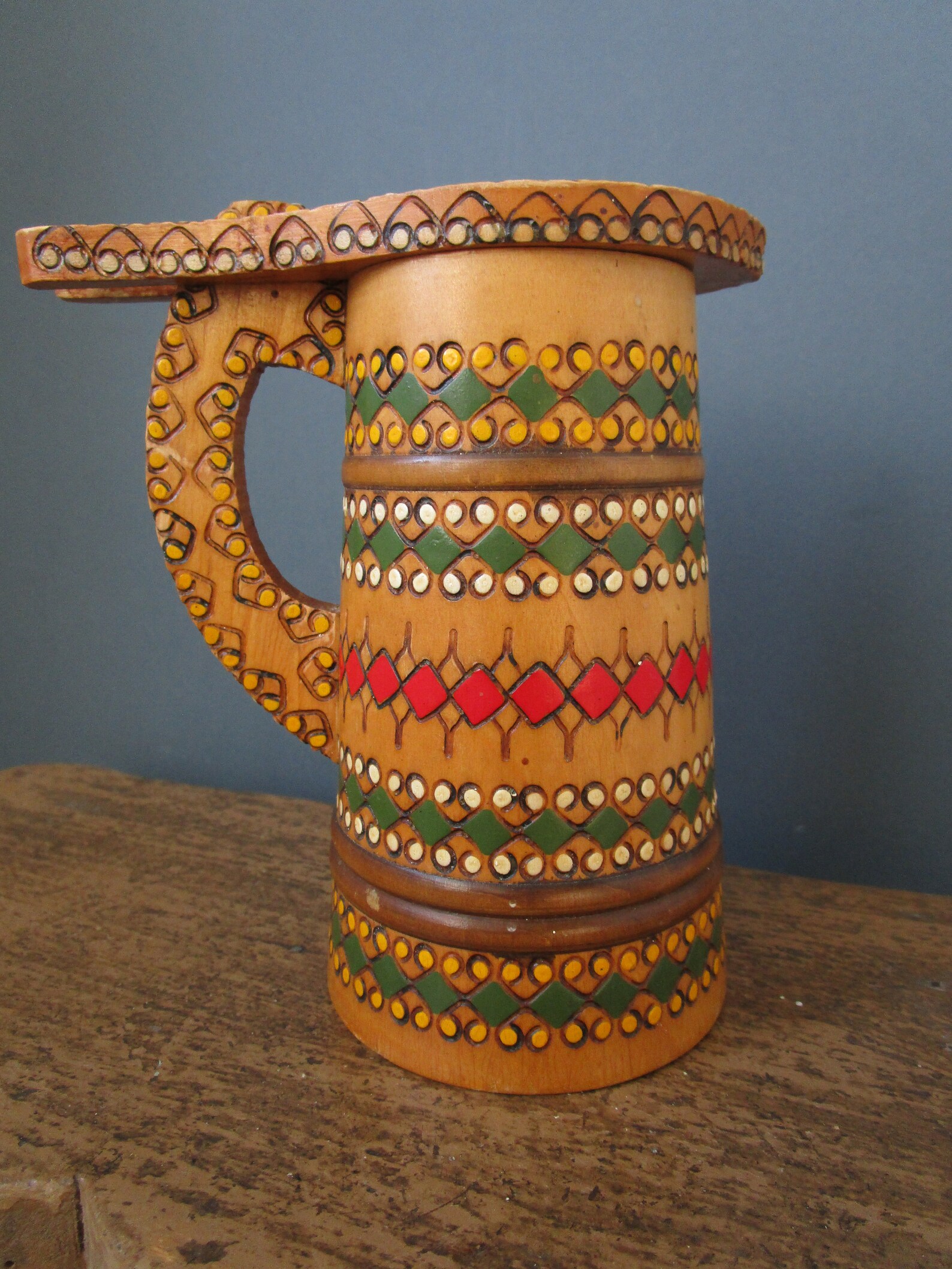 Vintage Decorative Wooden Jug PYROGRAPHY & Hand Painted Wooden Jug ...