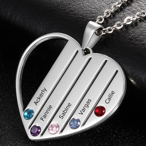 5 Stones Heart Necklace 5 Names Mom Necklace With Kids Names - Etsy