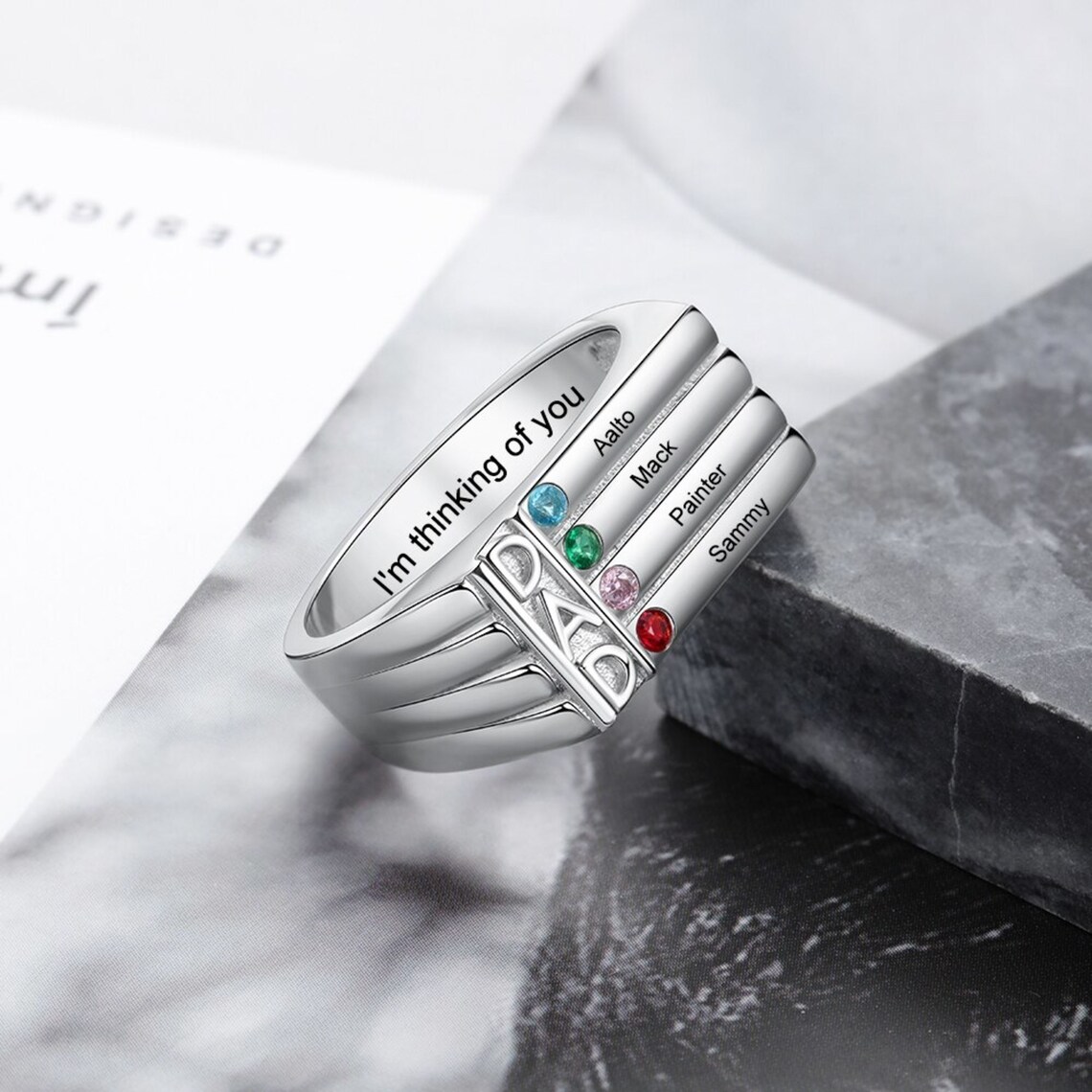 Dad Ring With Birthstones Names Father's Day Ring - Etsy
