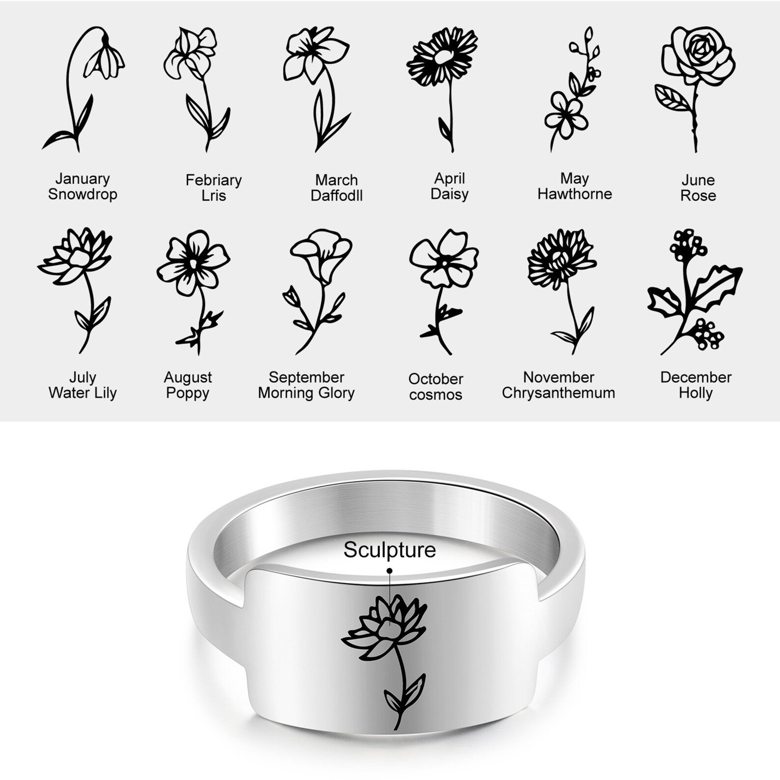 Personalized Birth Flower Ring 1 to 4 Birthflower Custom - Etsy