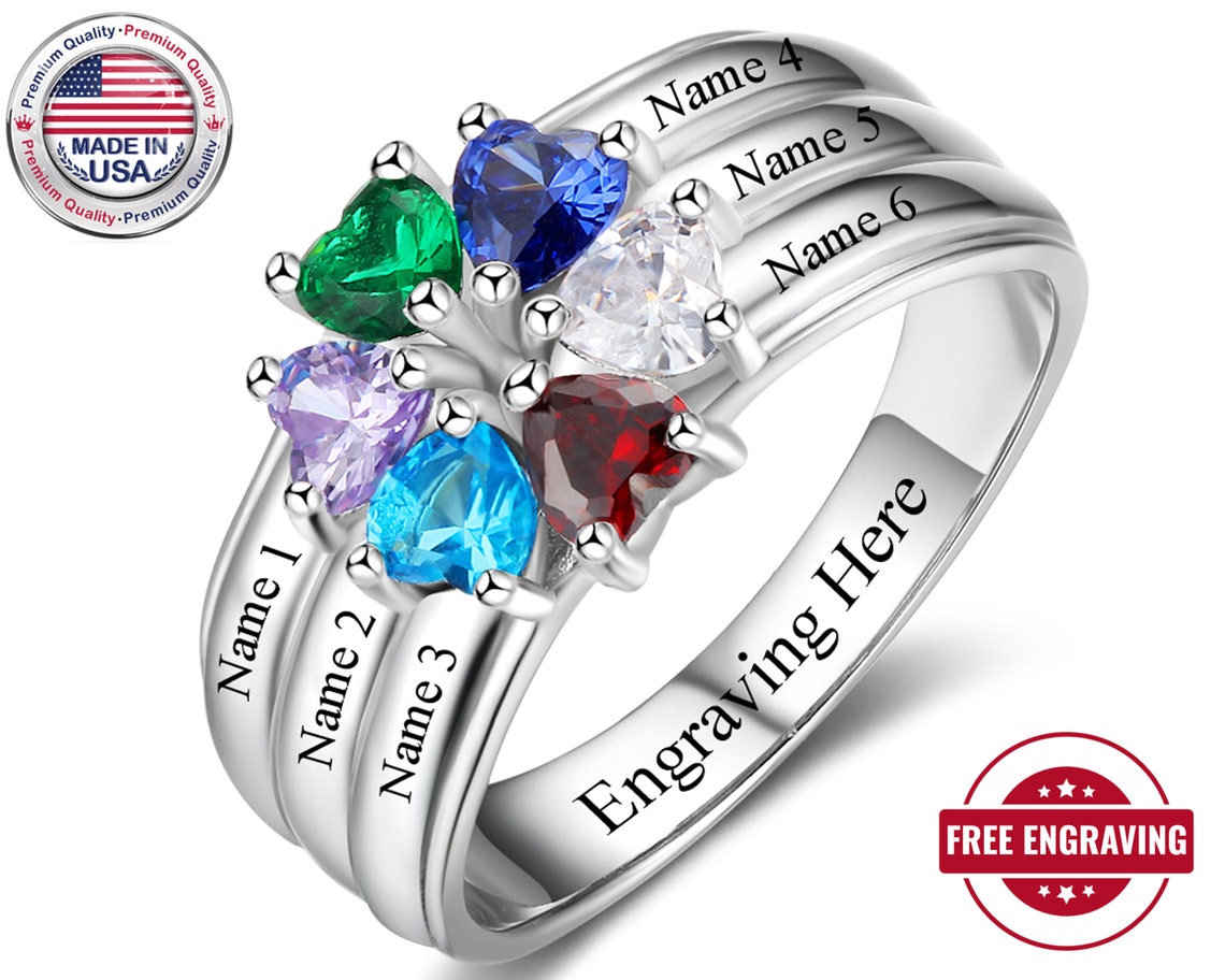 Mothers Ring 6 Stone 6 Name Engraved Sterling Silver Family | Etsy