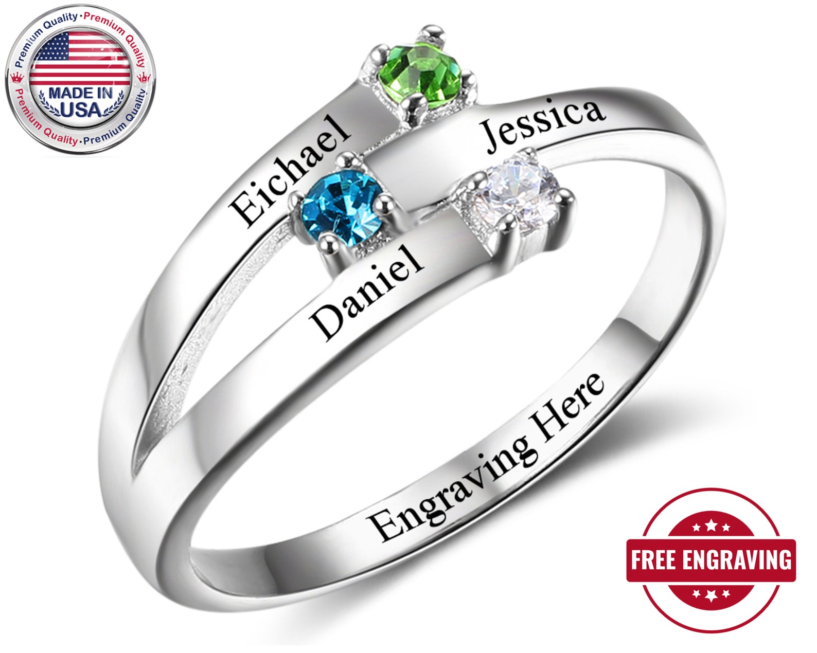 Sterling Silver Mothers Ring 3 Stone 3 Name Engraved Mothers - Etsy