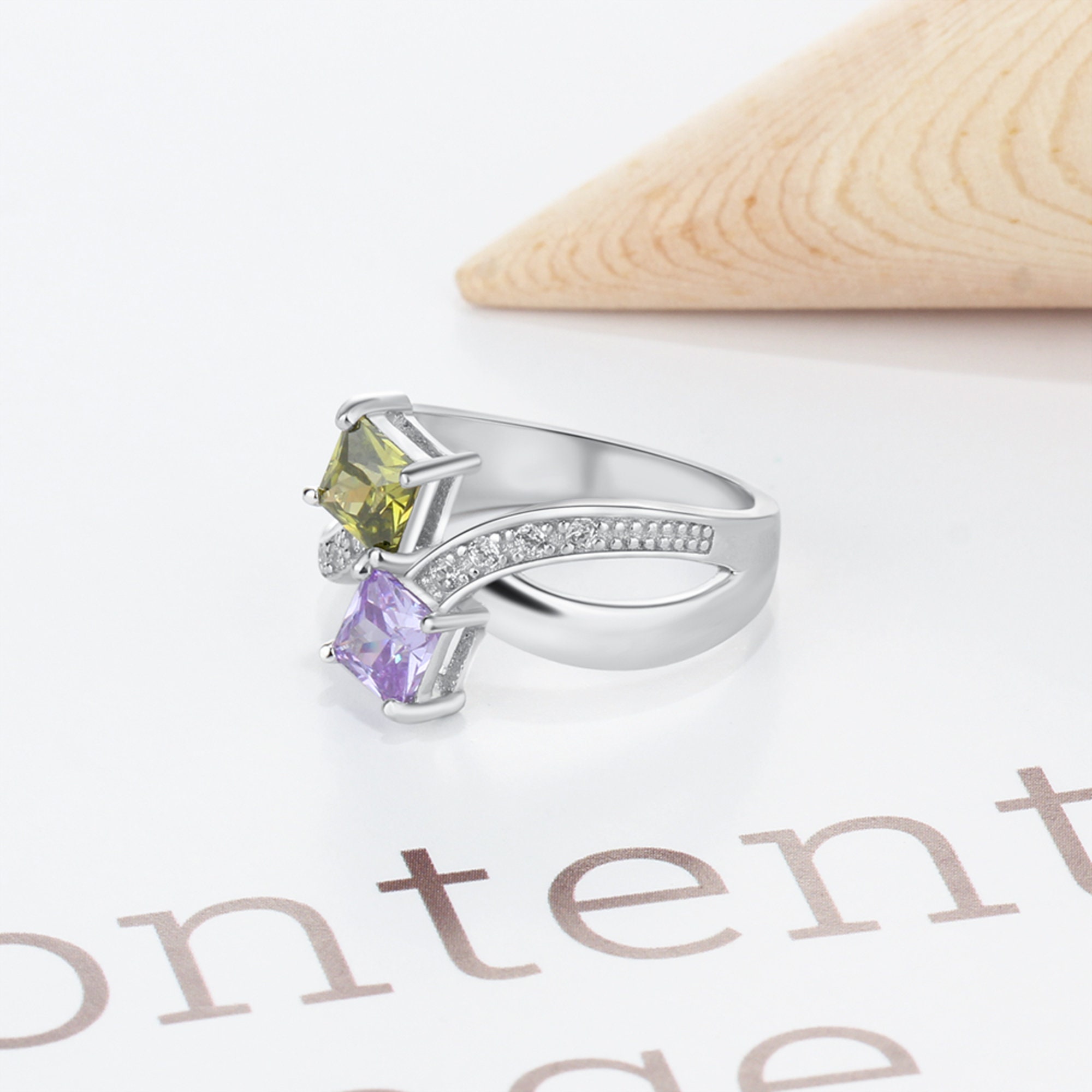 Mothers Ring 2 Birthstone 2 Name Engraved Sterling Silver | Etsy