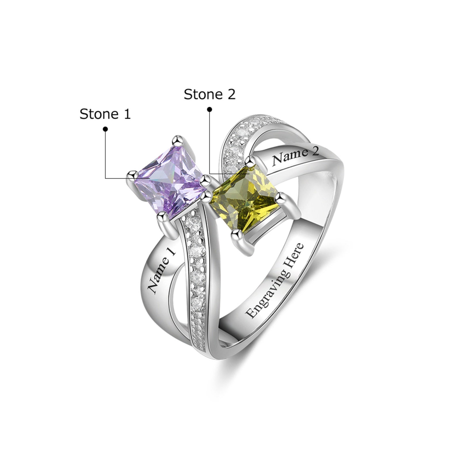 Mothers Ring 2 Birthstone 2 Name Engraved Sterling Silver | Etsy