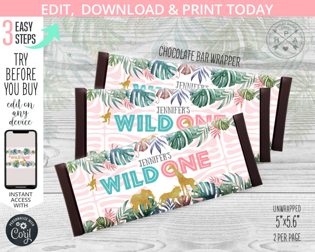 Jungle Animals Chocolate Bar Candy Wrapper Safari Birthday First 1st ...