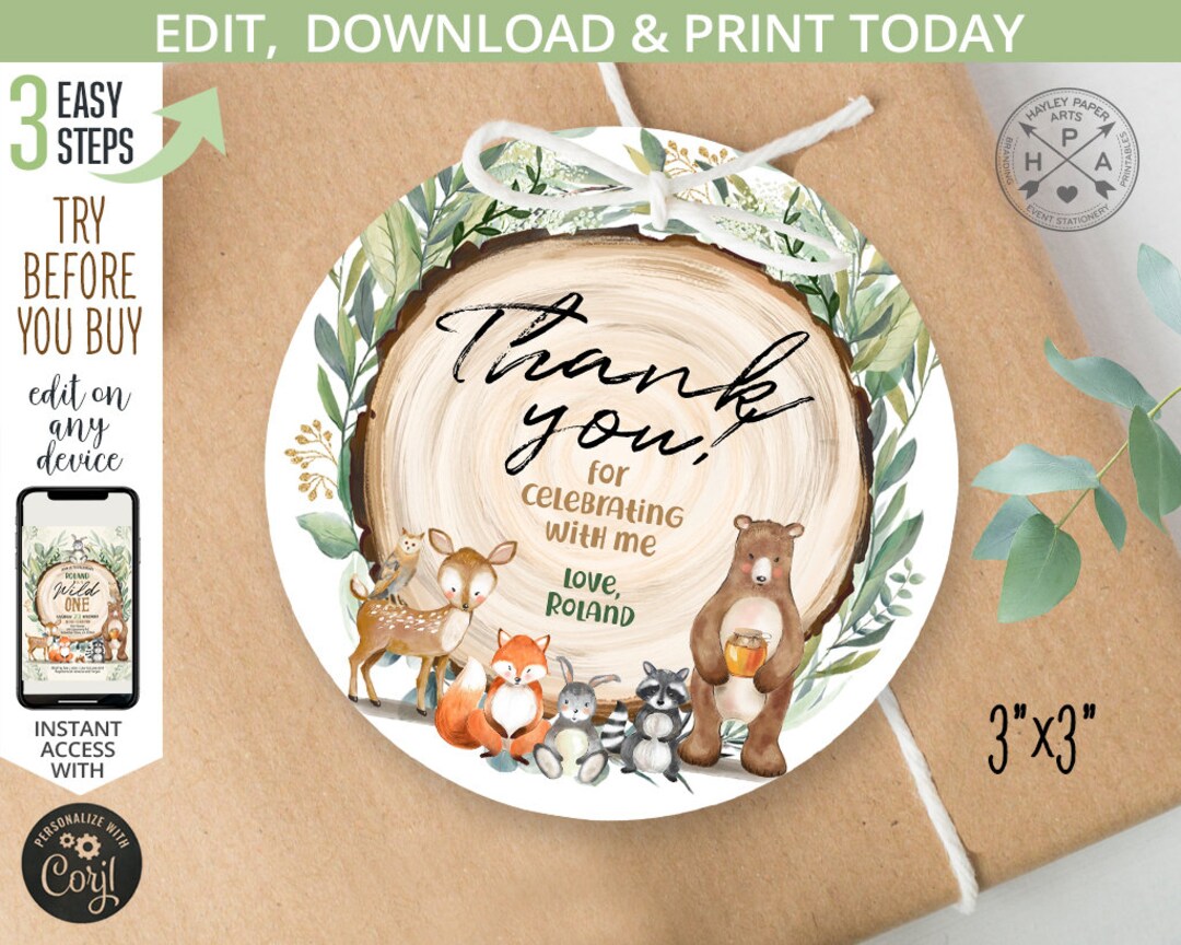 Woodland Thank You Favor Gift Tag First ONE Forest Animals Boy Girl ...