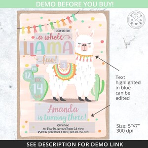 Llama Birthday Invitation Whole Llama Fun Invite Cactus Alpaca Fiesta ...