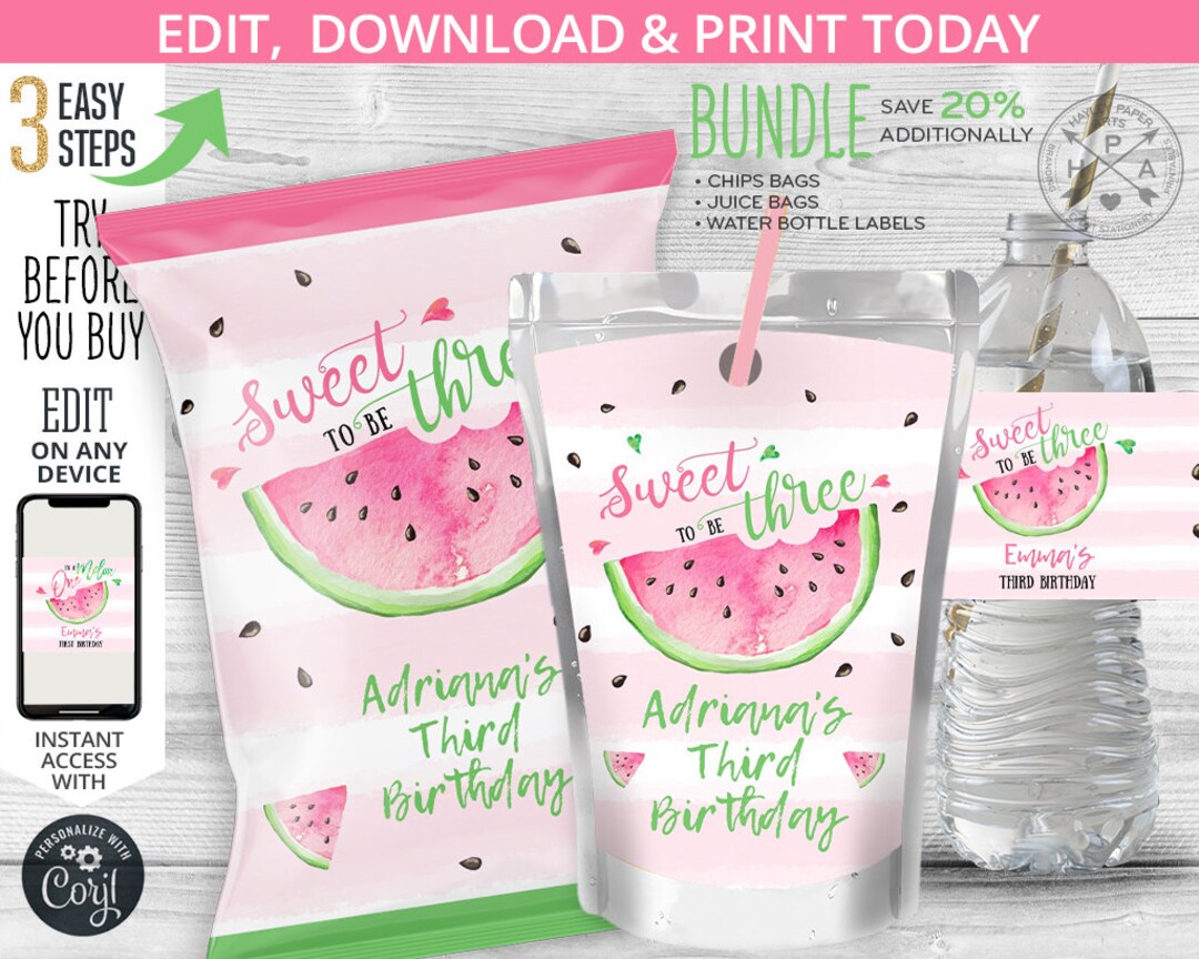 BUNDLE Sweet to Be Three Chips Bag, Juice Bags, Melon Water Bottle ...
