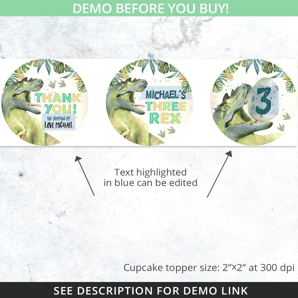 Three Rex Cupcake Toppers Dinosaur Third Boy Cake Topper Dino Roar ...