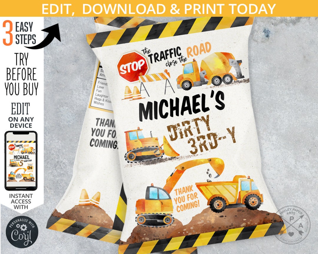 Dirty 3rd-y Construction Third Birthday Chips Bag Label, Digging Dump ...