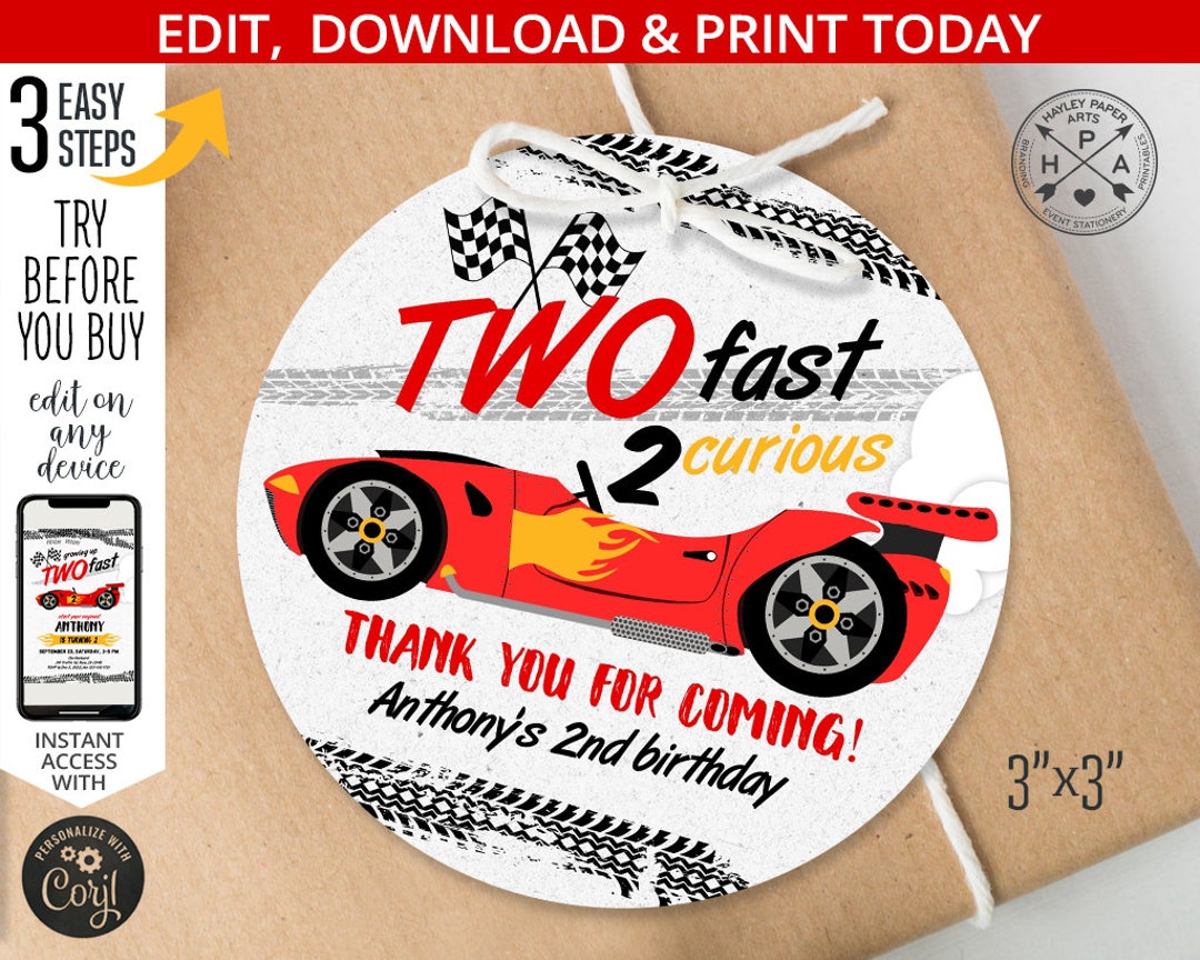 Race Car Thank You Tag Two Fast 2 Sports Speed Car Racing Round Tag 3x3 ...