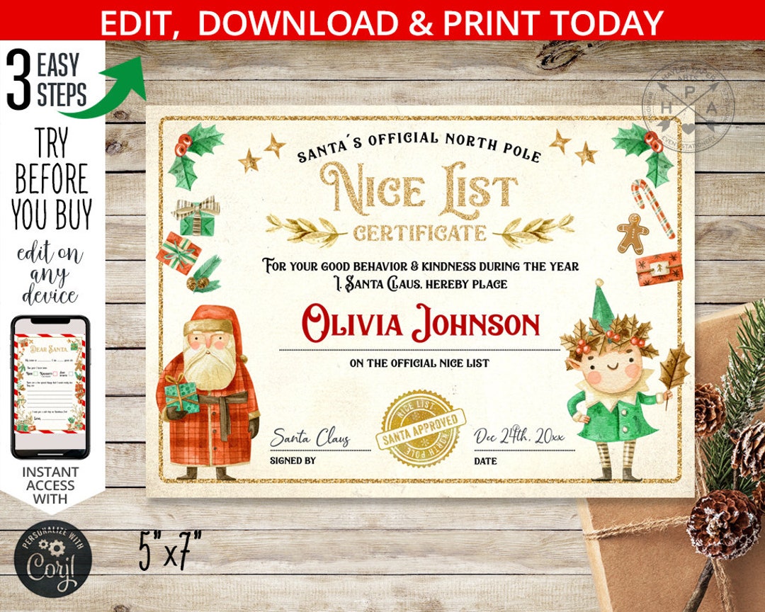 Nice List Certificate. Santa's Nice List Card. Good Behavior Christmas ...