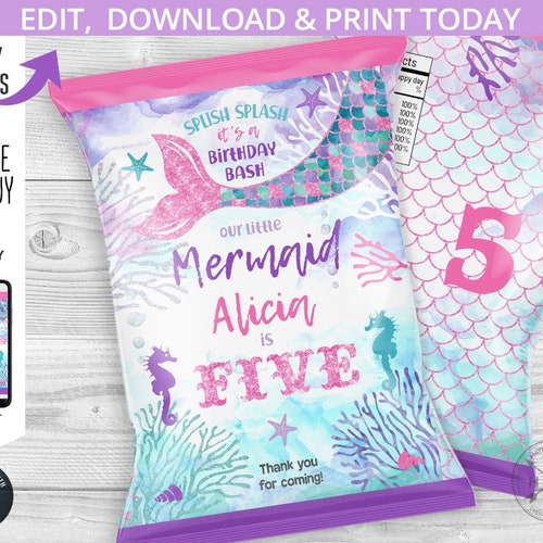 Mermaid Favor Bag Printable Template Birthday Favor Treat Bags - Etsy
