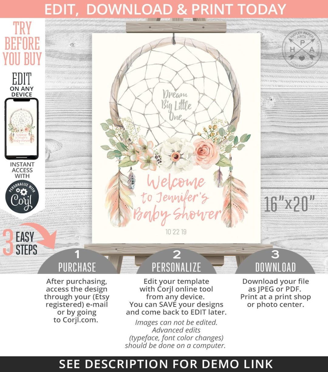 Dreamcatcher Welcome Sign Boho Pastel Pink Baby Girl Shower Feathers ...