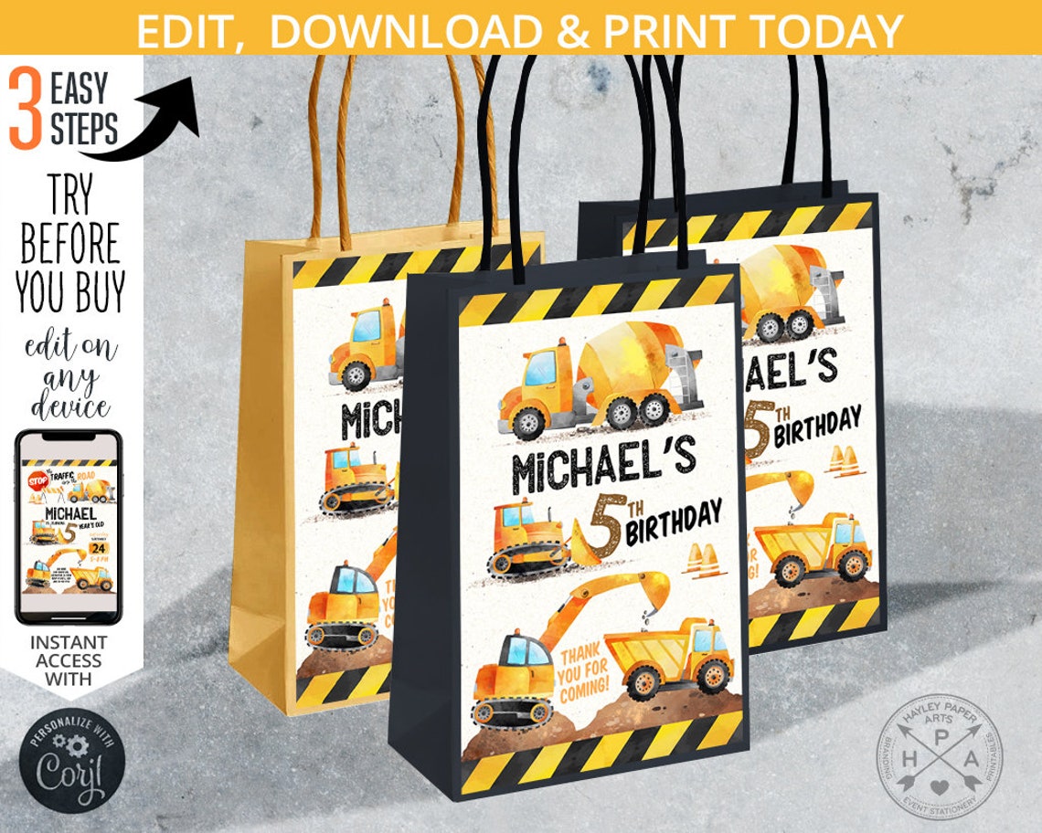 Construction Bag Label Truck Party Gift Favor Paper Bag Labels - Etsy