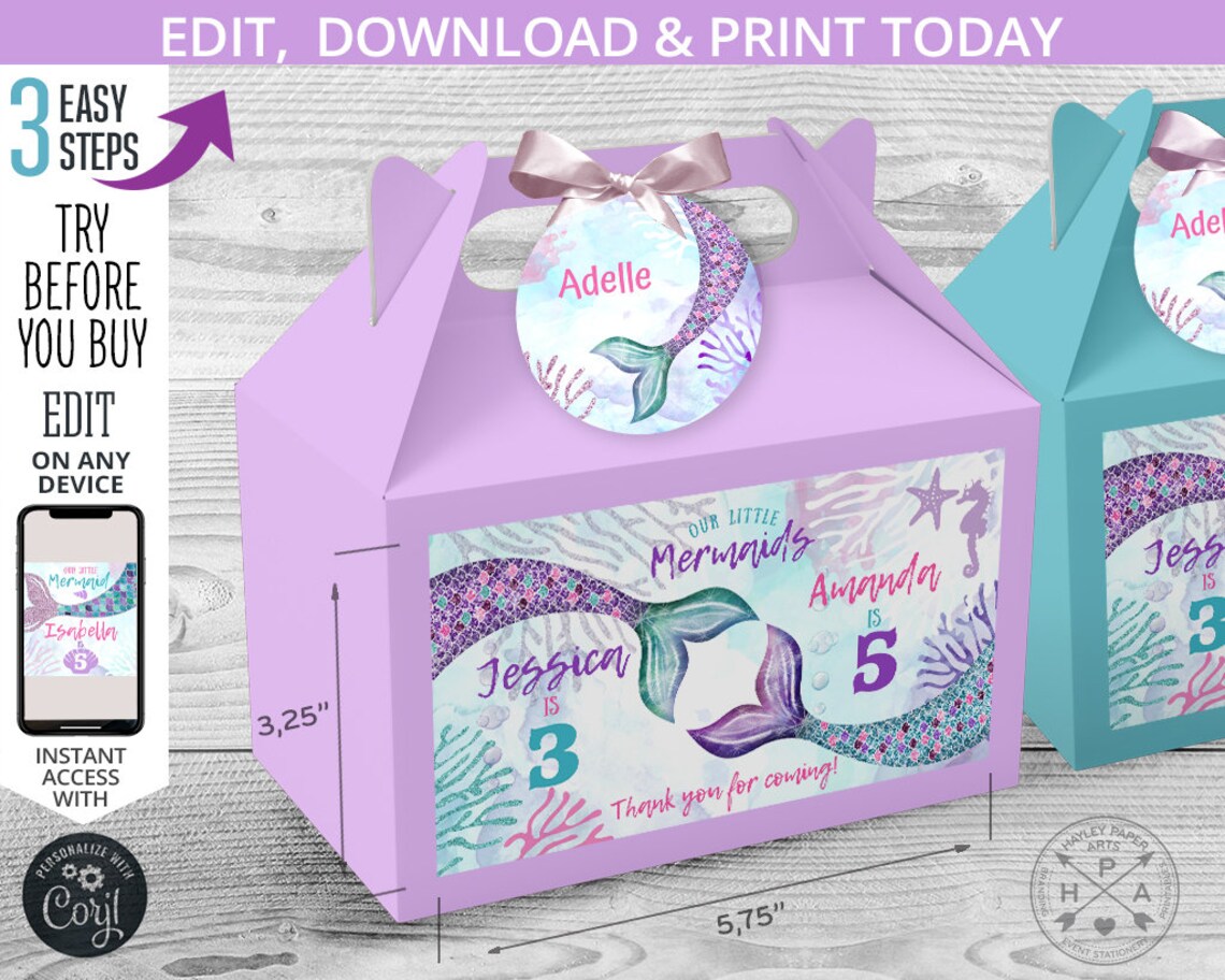 Mermaids Joint Birthday Gable Gift Box Labels. Double Party. - Etsy