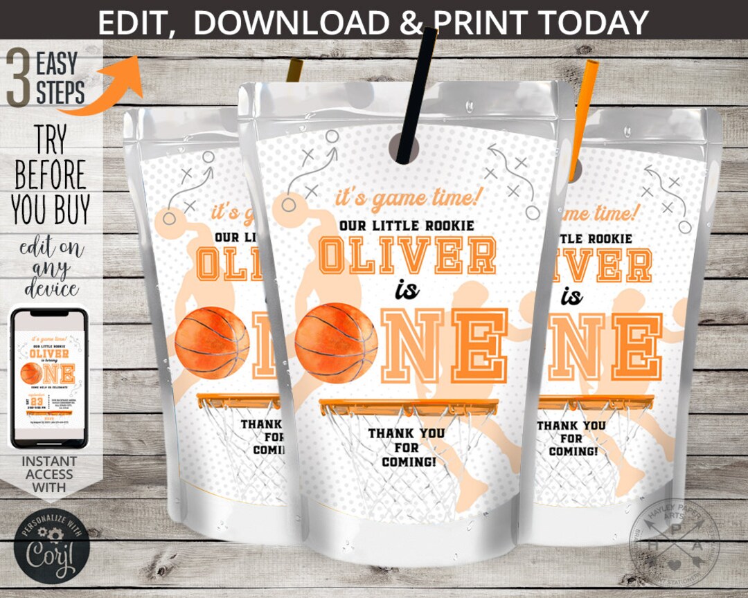 Basketball ONE Juice Bag Label, Sports Juice Pouch, First Birthday ...