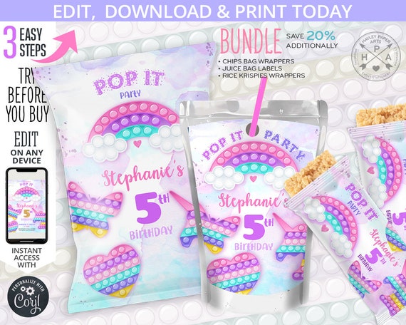 BUNDLE Pop it fidget toys chips bag, juice bags, rice krispies wrappers ...