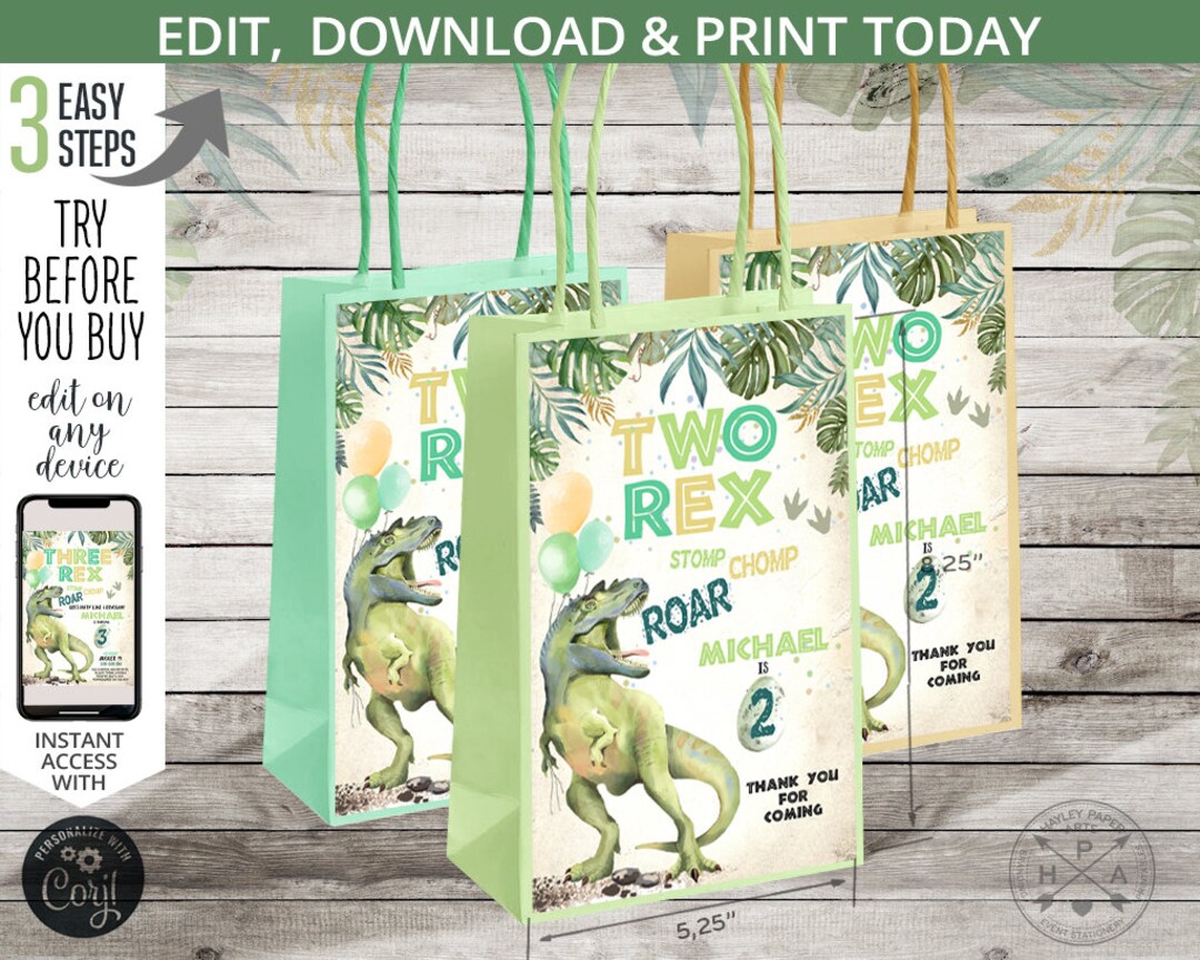 Dinosaur Two Rex Paper Bag Label, Gift Labels, T-rex Dino Second Boy ...