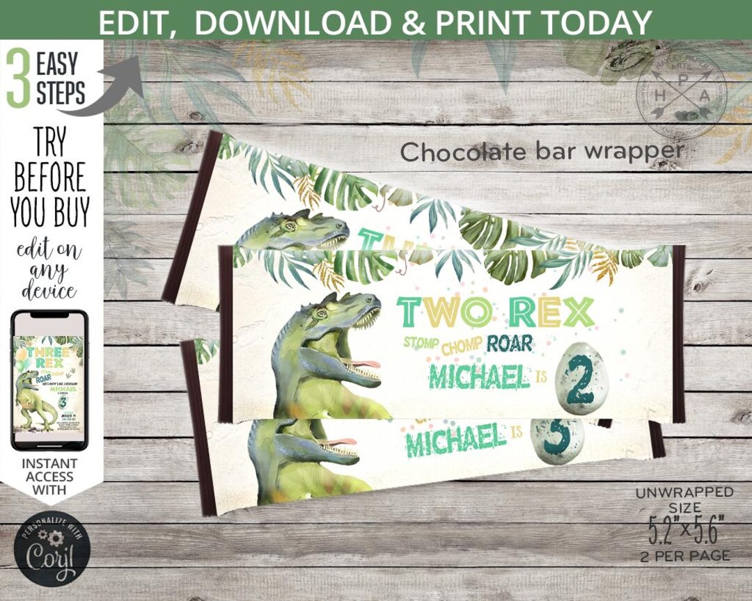 Two Rex Dinosaur Chocolate Candy Bar Wrapper Labels Dino T-rex Wrapper ...