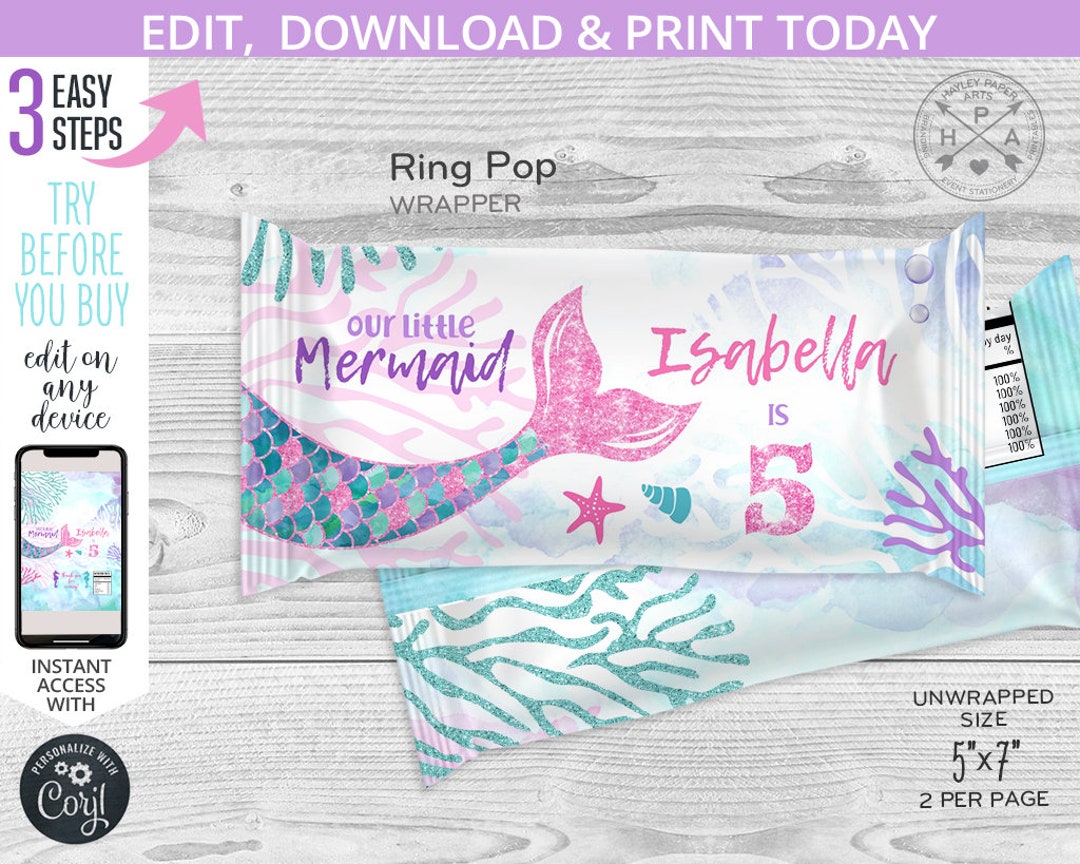 Mermaid Tail Pop Wrapper Label, Mermaid Pink Glitter Under the Sea ...