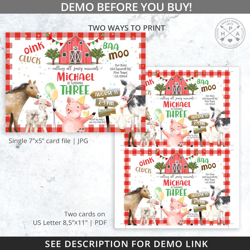 Farm Animals Invitation Boy Girl Red Barn Party Cow, Pig, Sheep ...