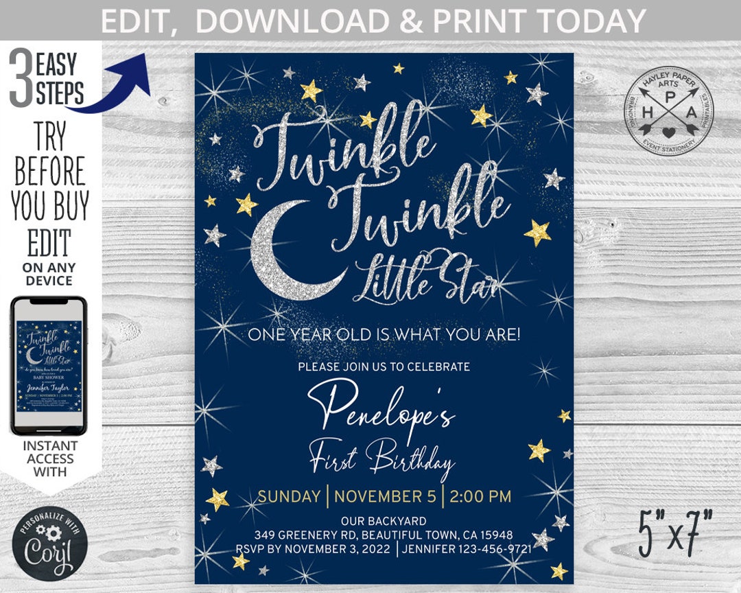 Twinkle Twinkle Little Star Birthday Silver Glitter Dark Navy Blue ...