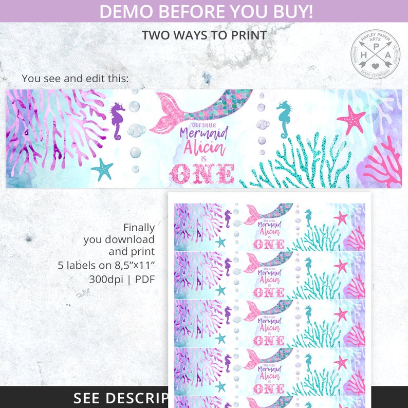 Mermaid Tail Water Bottle Label Birthday Celebration Purple Pink ...