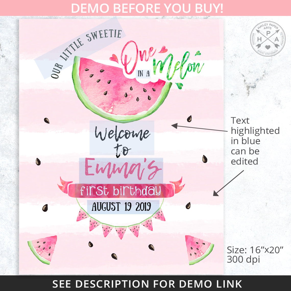 EDITABLE Watermelon Welcome Sign 1st First Birthday Party - Etsy