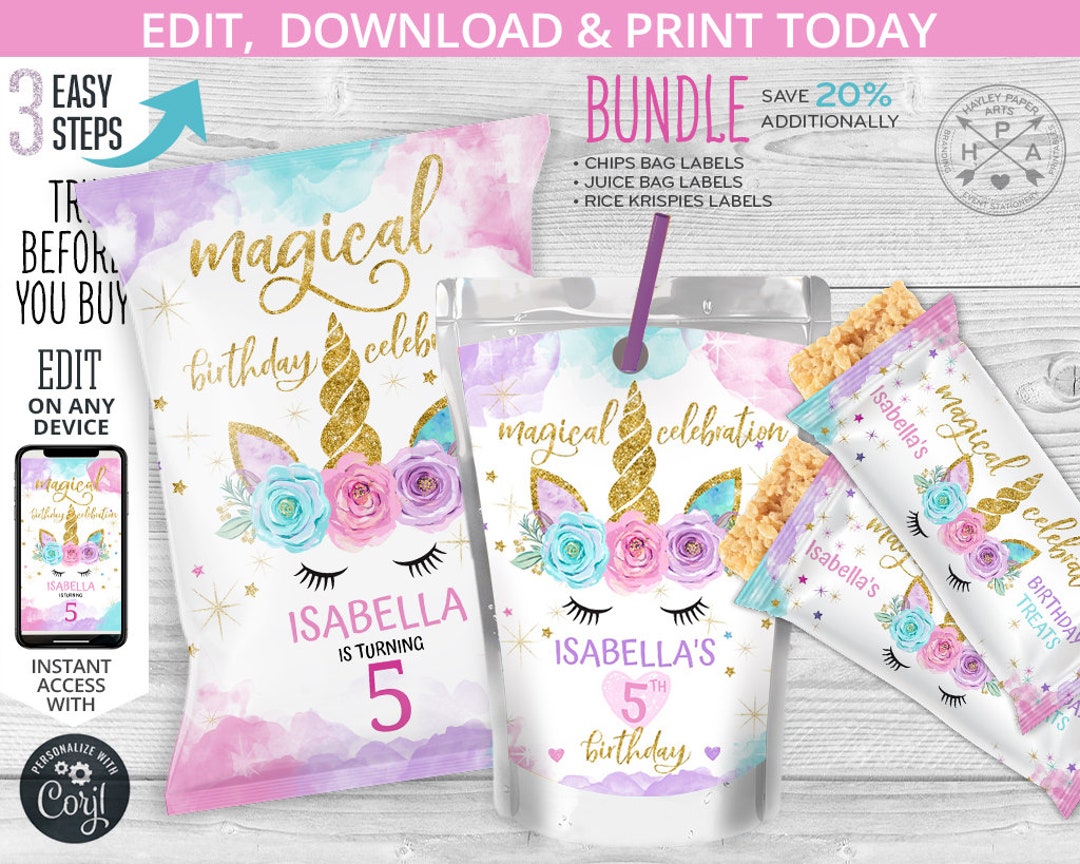 Unicorn Party Pack Magical Chip and Juice Bag, Snacks Treat Bags, Rice ...